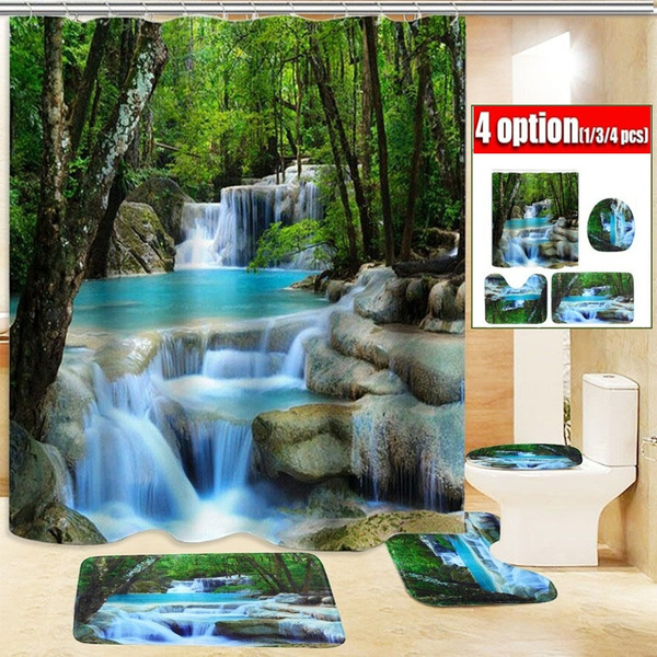 1 3 4pcs Bathroom Set 3d Waterfall Scenery Waterproof Shower Curtain