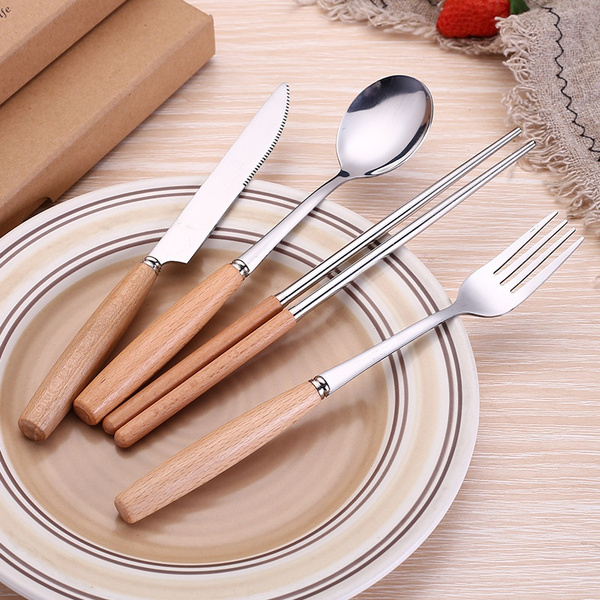 4 in 1 set Wooden Handle Stainless Steel Portable Set Spoon Chopsticks ...