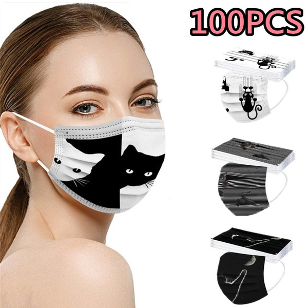 100Pcs 3Ply Ear Loop Cat Printed Mask Disposable Couple Face Mask ...