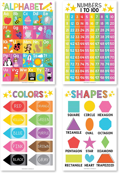 4 Alphabet, Count 1-100 Numbers, Colors, 2D 3D Shapes, ABC Posters For ...