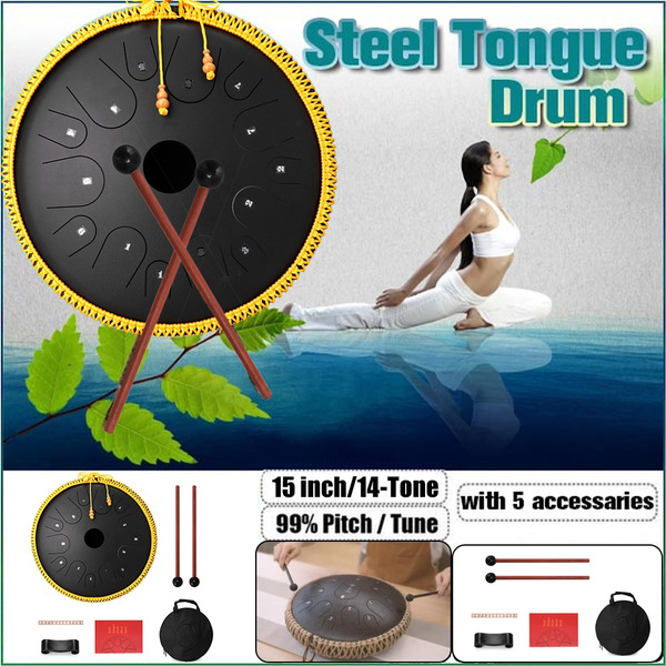 15 Inch 14-Tone Steel Tongue Drum Mini Hand Pan Drums with Drumsticks ...
