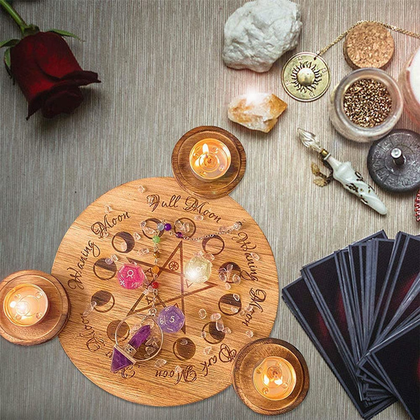 Wooden Magic Tray with Candle Holder, Astrology Pentacle Altar Plate ...