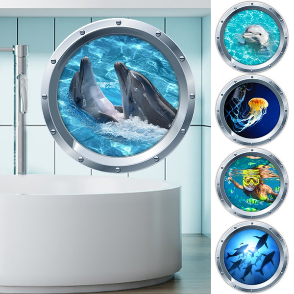 3D Marine Organisms Wall Stickers Dolphin Jellyfish Shark Diving Ocean ...
