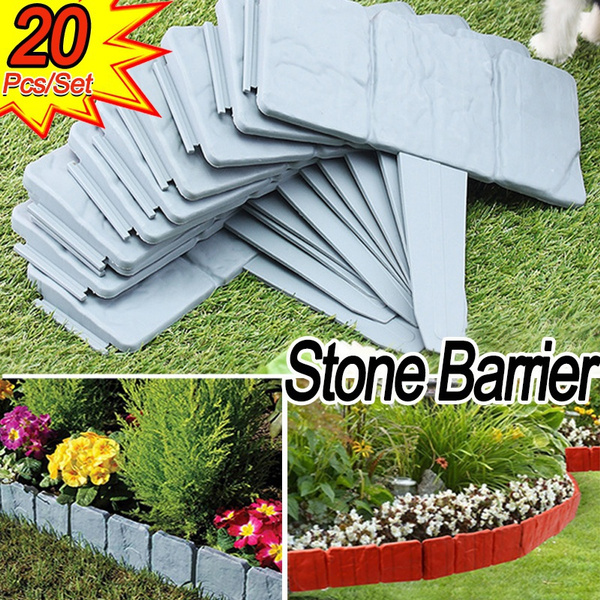 20pcs Set Grey Garden Fence Edging Cobbled Stone Effect Plastic Lawn