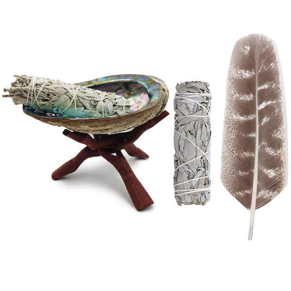 Smudge Set - Premium Natural Abalone Shell with Wooden Tripod Stand ...