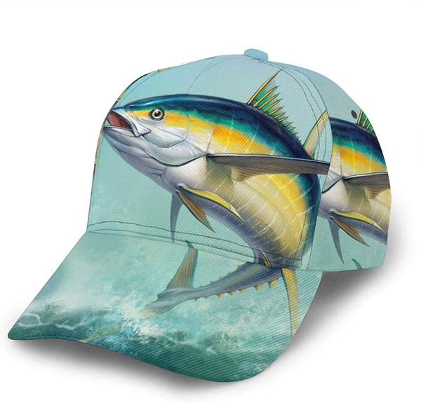 Yellow Tuna Fin on White Big Fish Large Waves Adjustable Print Baseball ...