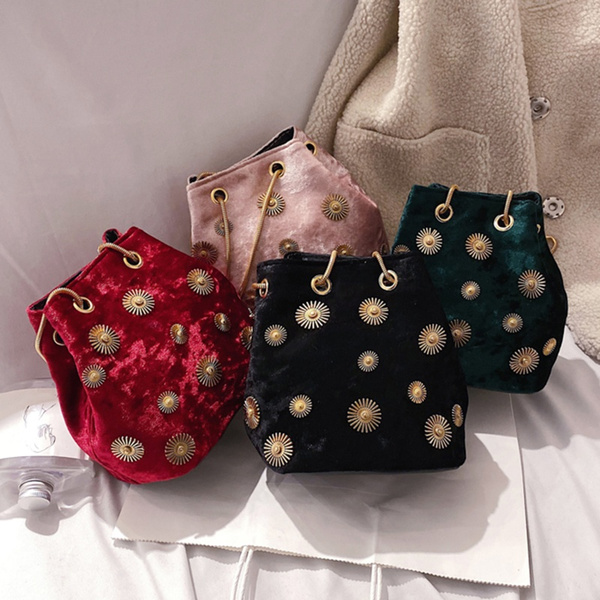 Velvet Chain Bucket Bag Flannel Drawstring Bag Snow Flower Messenger ...