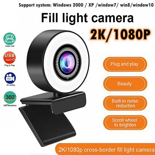 2K Full HD USB Web Camera Webcam w/Ring Light+Mic for Video Calling ...