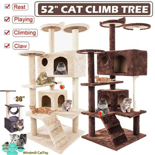 52" Solid Cute Cat Climb Tree Tower Sisal Rope & Plush Cat Climbing ...