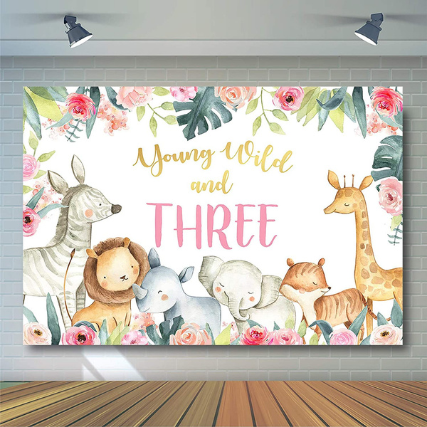 5 x 3 ft Jungle Animals 3rd Birthday Photography Background Young Wild ...