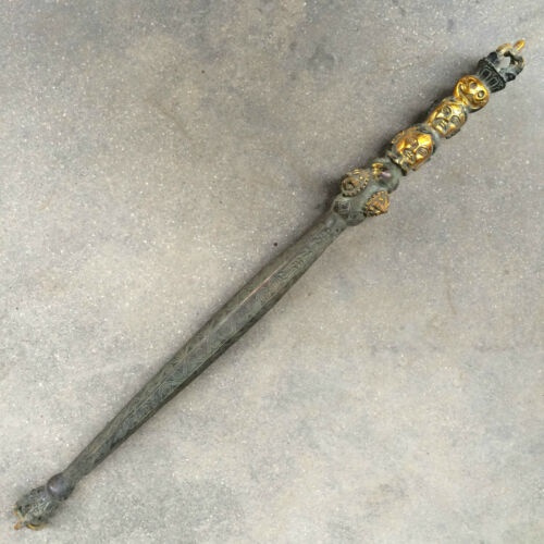 19.68" Exquisite Ancient Chinese Old Brass Plated gold Carved weapon ...