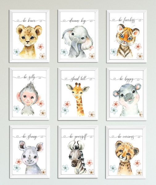 9 Panels Modern Safari Animals with Motivational Quotes Nursery Art Set ...