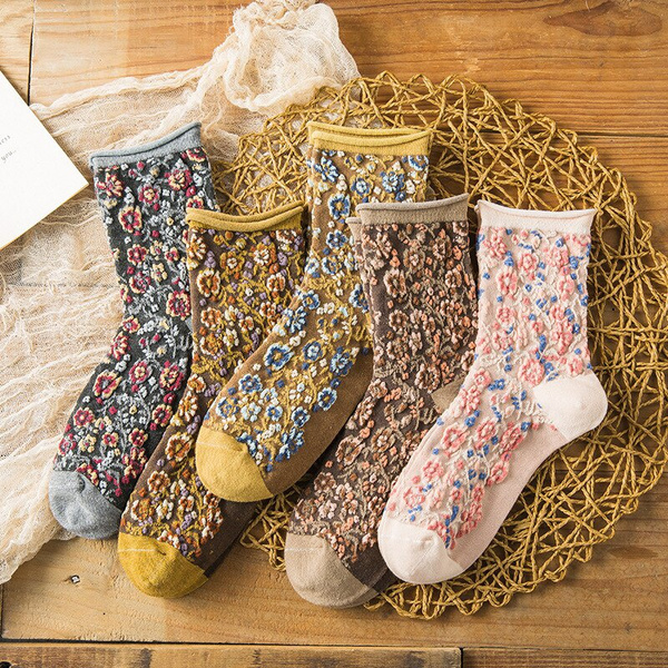 Small Floral Socks Women's Pure Cotton Personality Mid-Tube Boots Socks ...