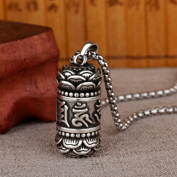 Tibet Buddhist Prayer Ghau Box Prayer Wheel Lotus Amulet Pendant Six-character Mantra Shurangama ...