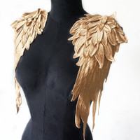 1Pair Gold Brown Embroidery Angel Wing Applique Sewing Flower Collar ...