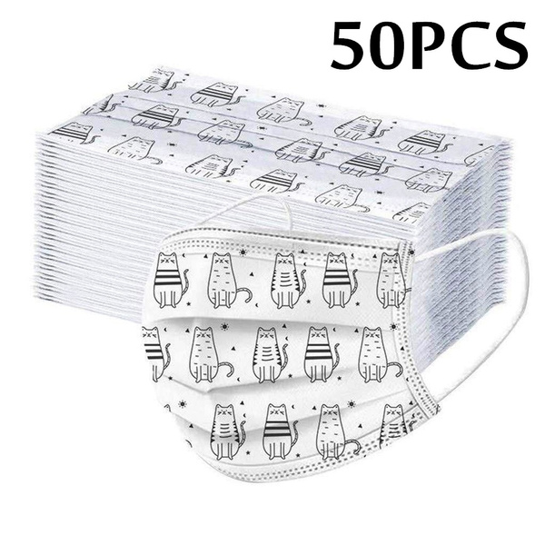 50PCS Adult Children 3-Ply Cartoon Cute Cat Print Masks Disposable Face ...