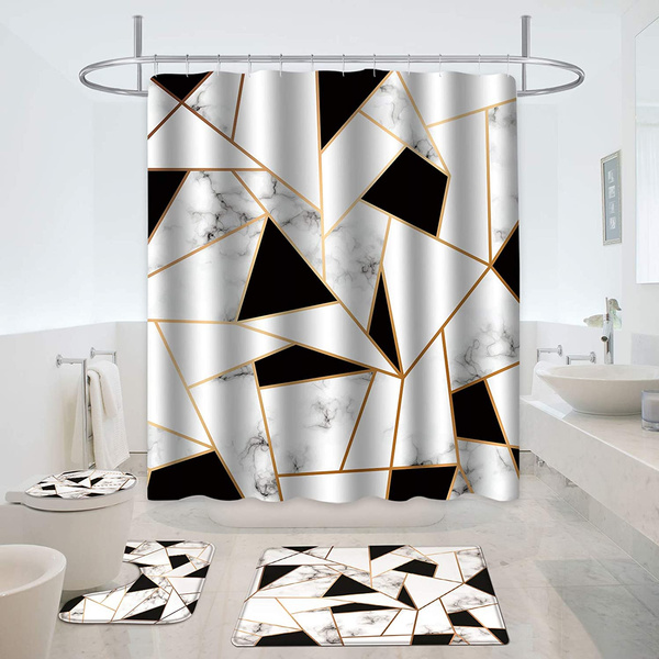Black and White Marble Shower Curtain Set for Modern Bathroom Decor Black White Marble Surface ...
