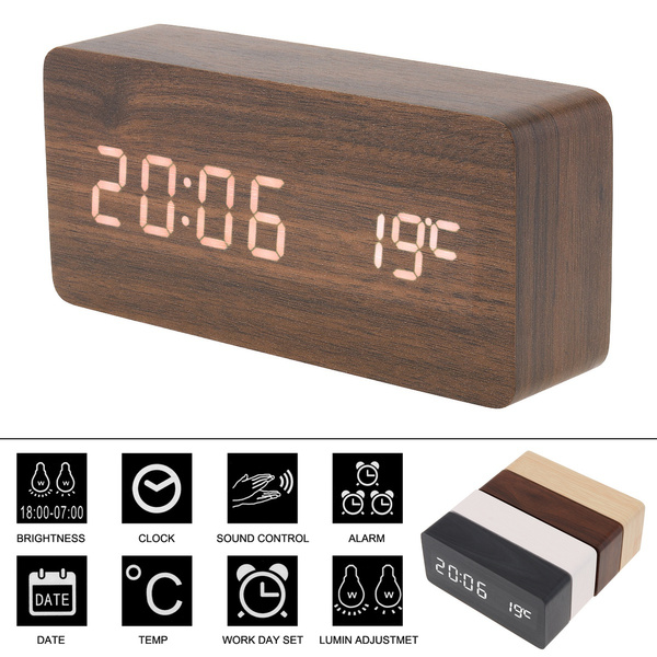 LED Wood Alarm Clock Voice Control Time Date Temperature Digital Bamboo ...