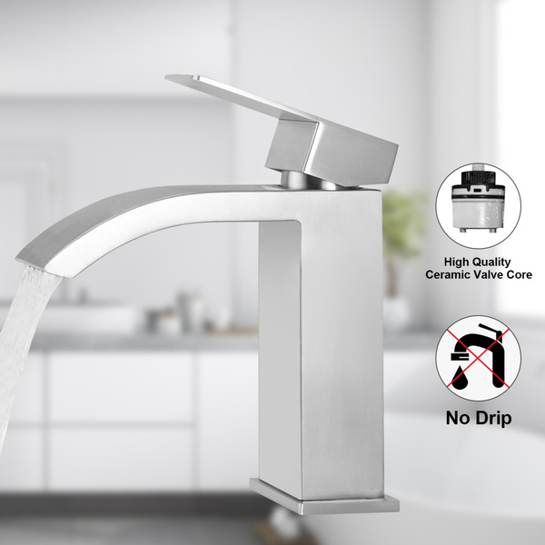 Single Handle Waterfall Bathroom Vanity Brushed Finish Sink Faucet with ...