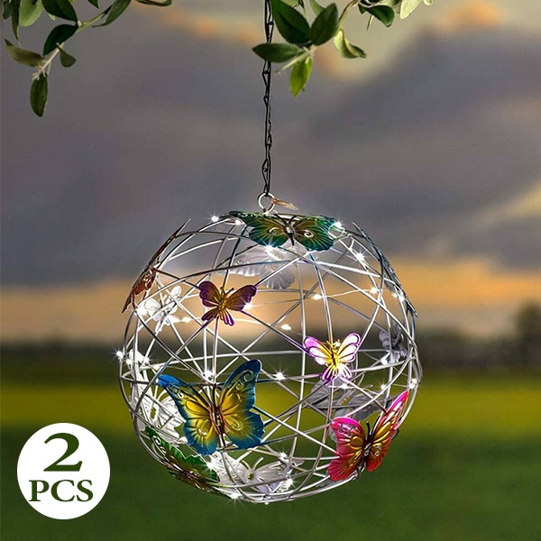 [2/1Pack] Solar Lighted Hanging Mesh Orb with Colorful Butterflies ...