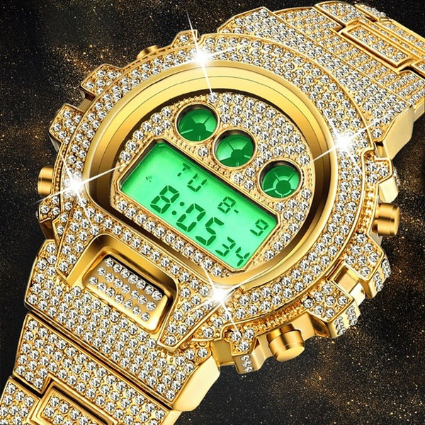 Luxury Brand Men Wrist Watch LED Digital 18K Gold Watch Iced Out Quartz ...