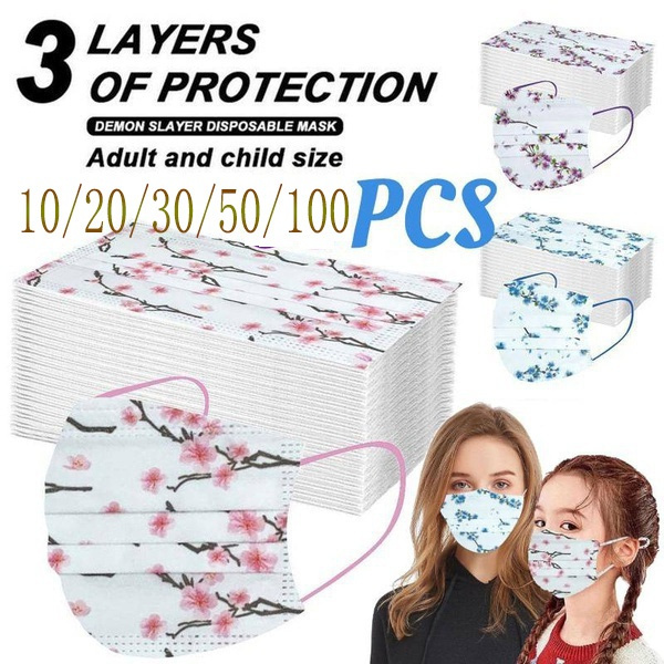 10/20/30/50/100Pcs 3Ply Ear Loop Cherry Blossoms Floral Printed Mask ...