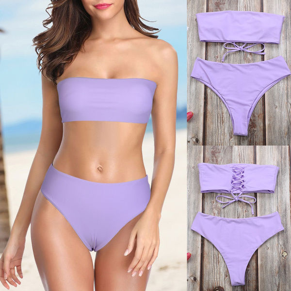 Padded Bandeau Bikini Off Shoulder Bikini Women Strapless Bikini Set Women's bathing suit Pink ...