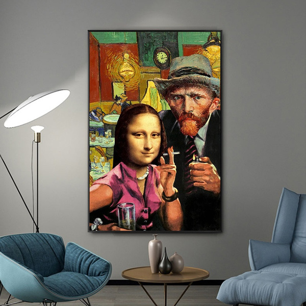 Funny Art Mona Lisa and Van Gogh Smoking Canvas Paintings Wall Art ...