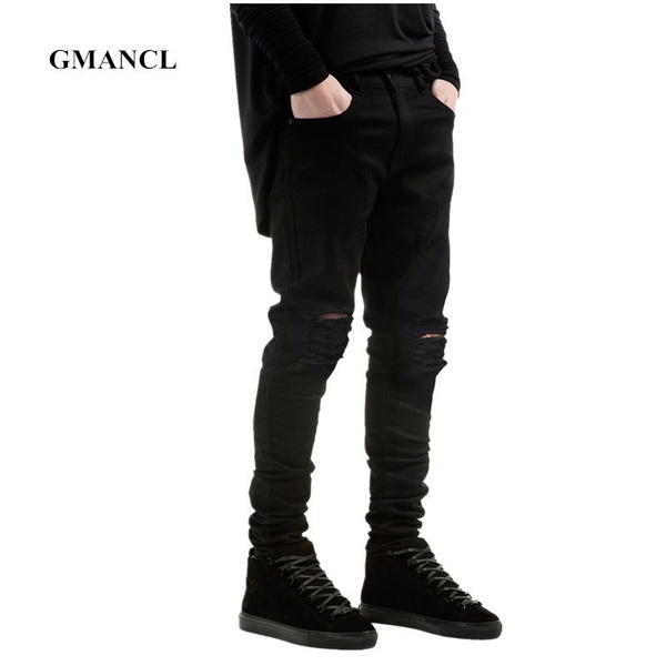 Novo preto rasgado jeans magros hip hop swag denim riscado biker jeans ...
