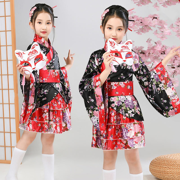 Children's Clothing Girl's Lovely Floral Print Silk Cherry Kimono Kids ...
