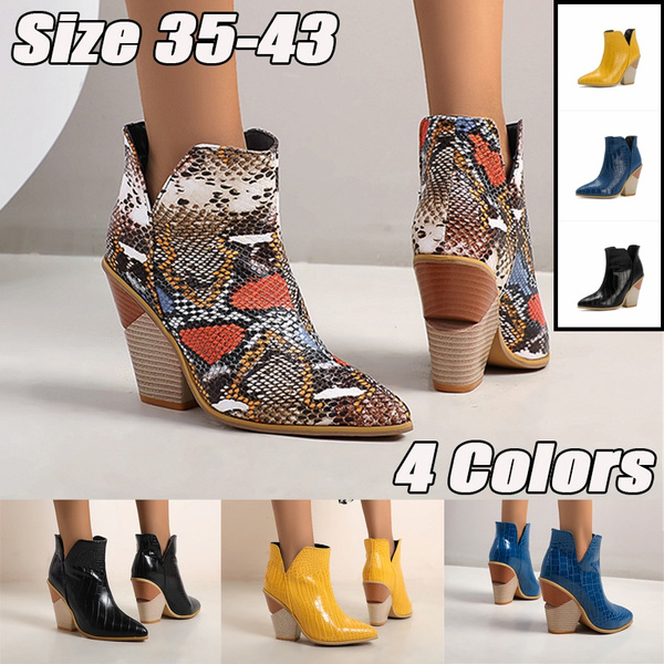 2022 Brand High Quality Western Boots Women Pointed Toe Wedge High Heel Ankle Boots Thick Heel ...