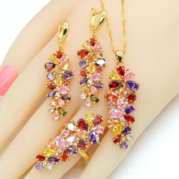 2021 New Multi Color Zirconia Gold Color Jewelry Sets for Women ...