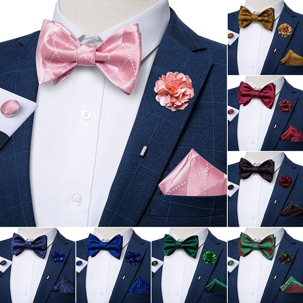 Mens Formal Solid Color Silk Bowtie Pocket Square Cufflinks Sets Bow Tie Handkerchief Cuff Links ...