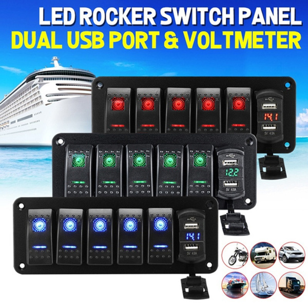 2022 New 4/5/6 Gang Rocker Switches Panel 12/24V LED Voltage Display Dual USB Port Waterproof ...