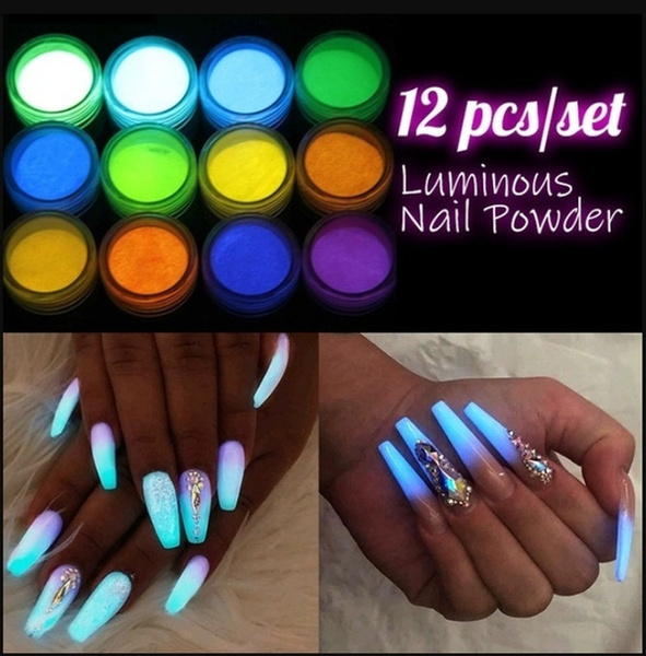 12Color/Box Neon Phosphor Powder Nail Glitter Powder Dust Luminous ...