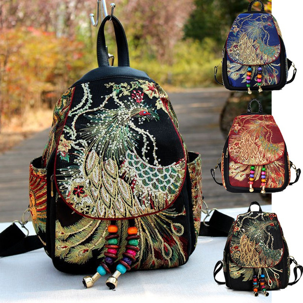 New Retro Phoenix Embroidered Women Backpack Sequins Canvas Tribal ...