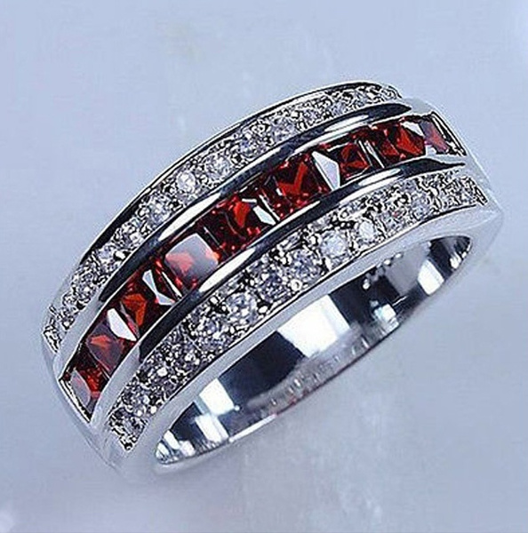 Fashion Women Men's Ruby CZ 925 Silver Plated Gem Ring Band Gift Size 7 ...