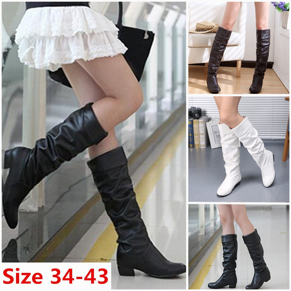 Lady Fashion Mid-Calf Boots Women Faux Leather Boots Flat Heels Half ...