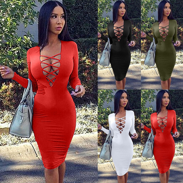 Women Deep V Neck Hollow Out Bodycon Dress Long Sleeve Package Hip Club