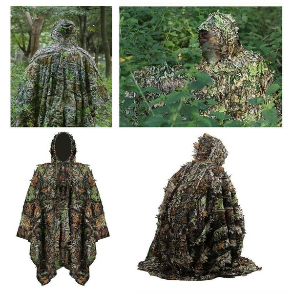Outdoor 3D Leaves Camouflage Ghillie Poncho Woodland Camo Cape Cloak Stealth Ghillie Suit for ...