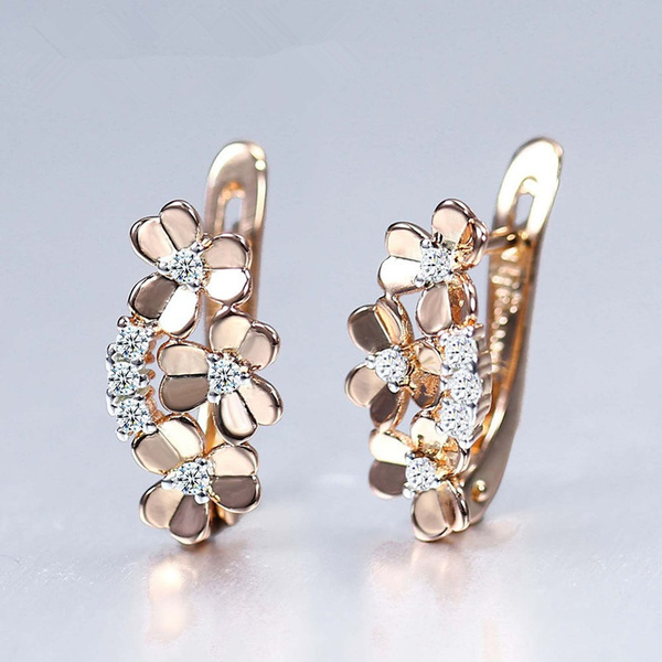 Exquisite Clover Shape Huggies Earrings Gold Ear Stud Shiny Zircon ...
