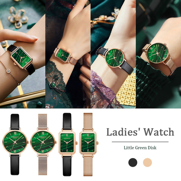 Fashion Square Waterproof Ladies Quartz Watch Green Dial Simple Luxury ...
