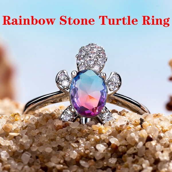 Rainbow Stone Turtle Rings Cute Animal Sea Turtle Ring White Sapphire Diamond Ring Ocean Style ...
