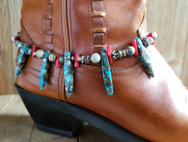 Boho aqua colored jasper coral and ceramic mixed media boot bracelet | Wish