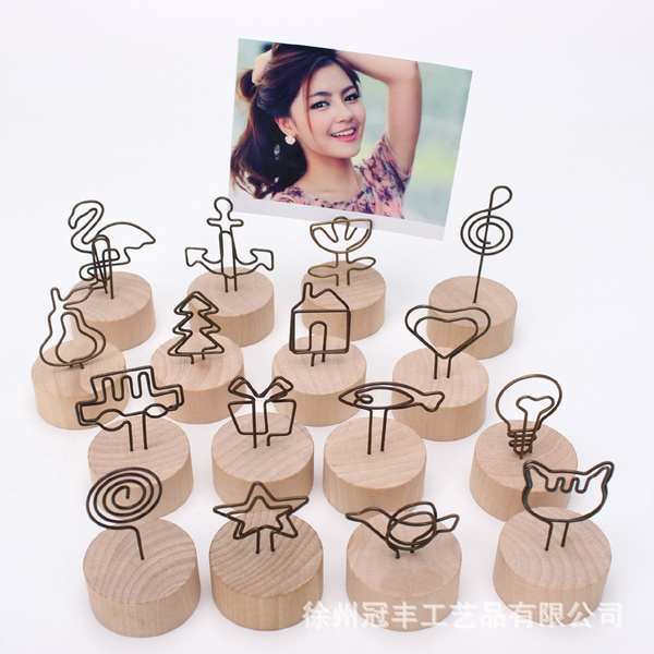 Creative desktop original wooden note holder solid wood wrought iron ...