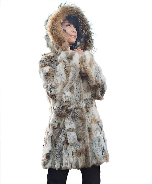 Women's Genuine Rabbit Fur Coat with Fur Trim Hood Winter Jacket | Wish