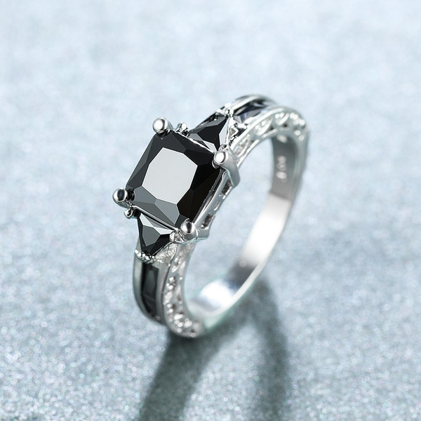 New Women's Fashion Princess Cut Obsidian Diamond Wedding Ring Party ...