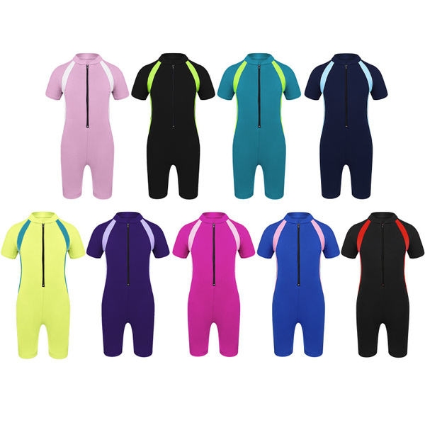 Kids Boys Girls One Piece Short Sleeves Zippered Rash Guard Shorty ...