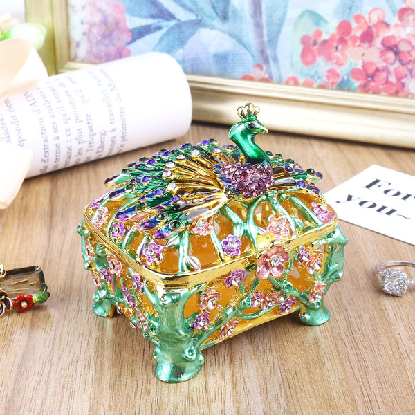 Peacock Figurine Trinket Boxes Hinged Collectible Crystal Jeweled ...