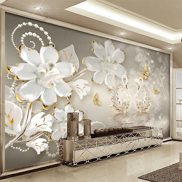 Mural Wallpaper 3D Relief Swan Lake Jewelry Diamond Murals Living Room ...